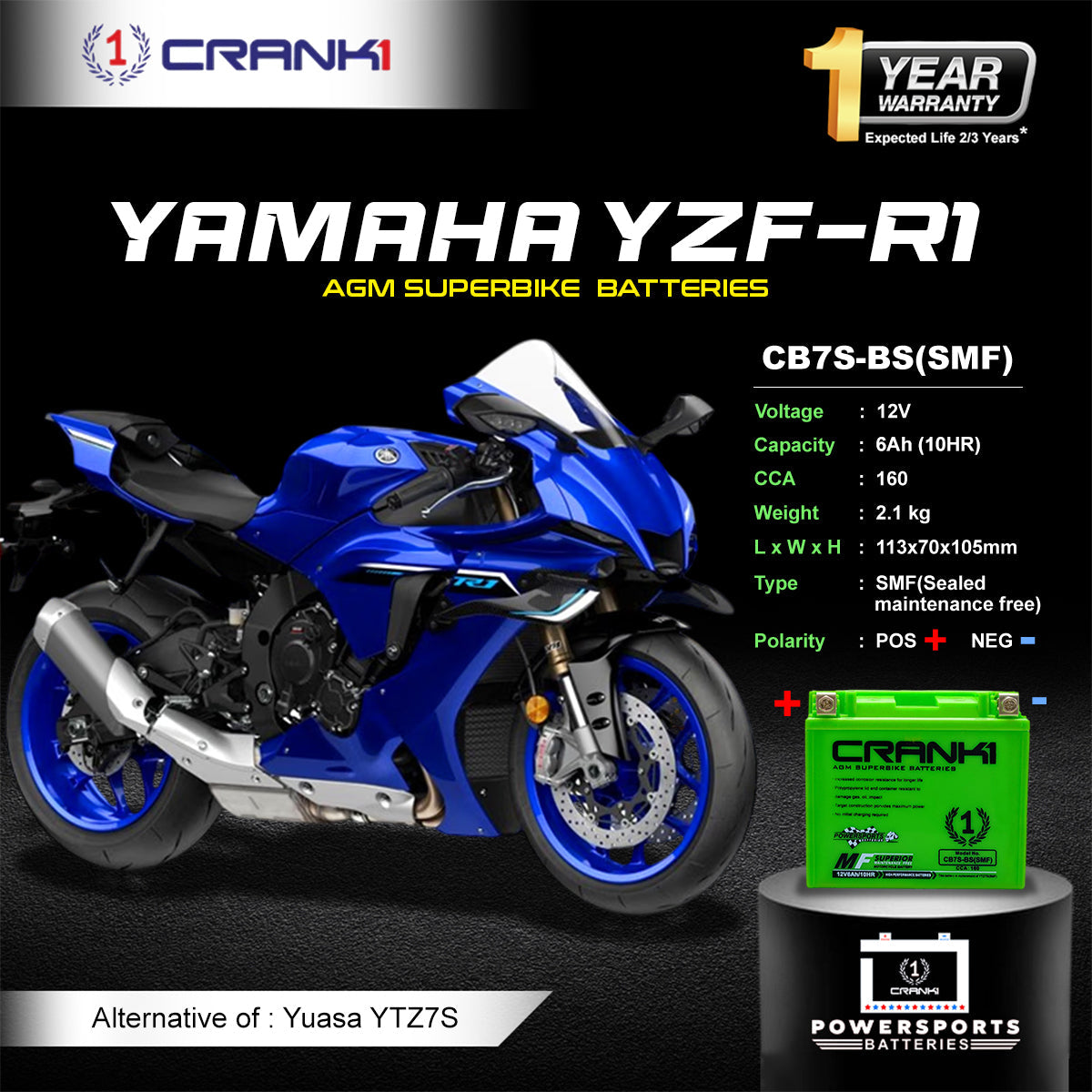 Crank1 Battery For Yamaha YZF R1 (2019 Onwards) - CB7S-BS - Factory Ac ...